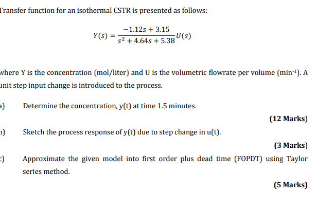 Solved Transfer function for an isothermal CSTR is presented | Chegg.com