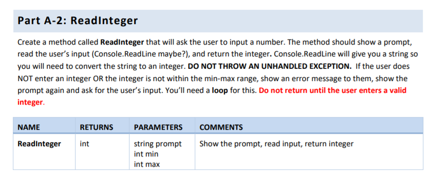Solved Part A-2: Readlnteger Create a method called | Chegg.com