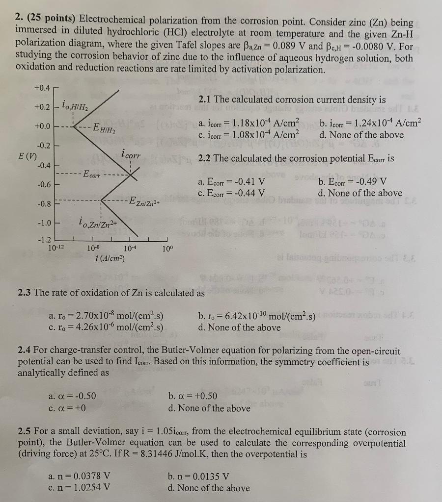 Solved 2. (25 points) Electrochemical polarization from the | Chegg.com