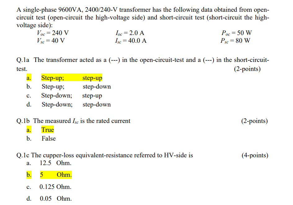 Solved A single-phase 9600VA, 2400/240-V transformer has the | Chegg.com