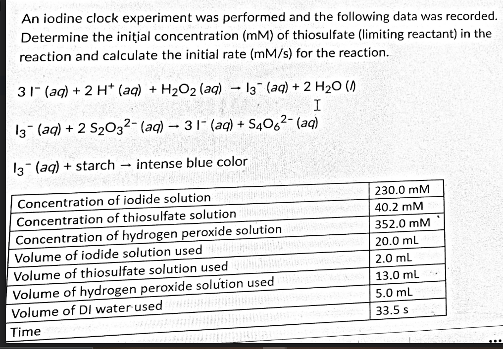 Solved An iodine clock experiment was performed and the | Chegg.com