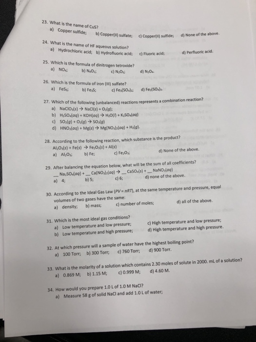 Solved 23. What is the name of Cus? a) Copper sulfide; b) | Chegg.com