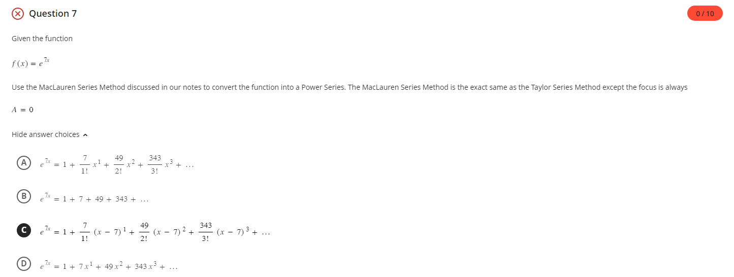 Solved Given The Function F X E7x A 0 Hide Answer Choices