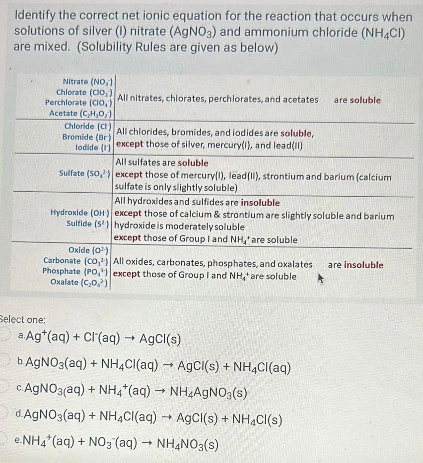 Solved Identify the correct net ionic equation for the | Chegg.com