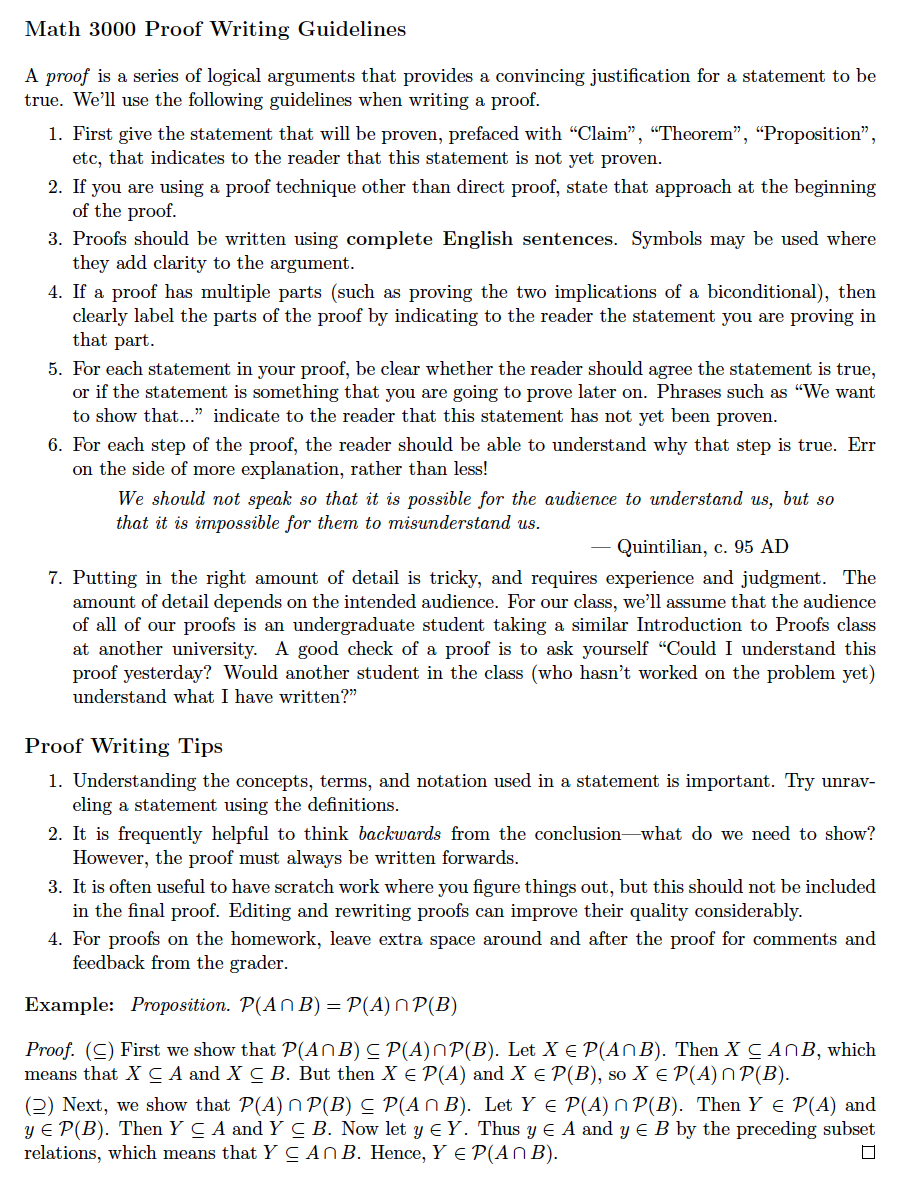 Solved Math 3000 Proof Writing Guidelines A proof is a | Chegg.com