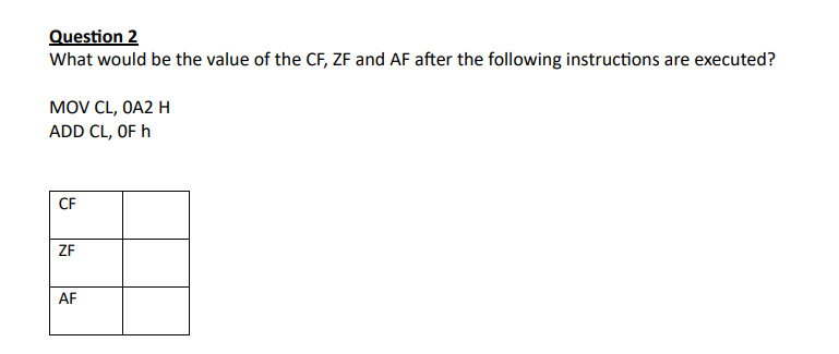 Solved Question 2 What would be the value of the CF, ZF and | Chegg.com