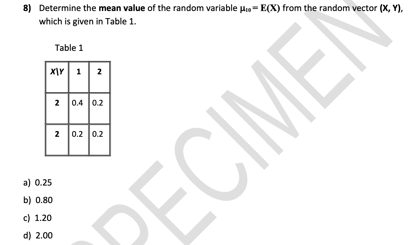 Solved 8) Determine the mean value of the random variable | Chegg.com