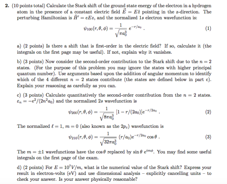 Solved 2. (10 points total) Calculate the Stark shift of the | Chegg.com