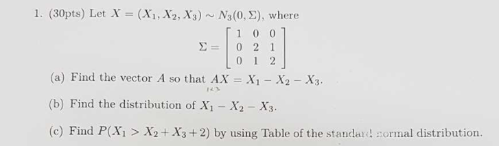 Solved 1. (30pts) Let X (X1, X2, X3) N3(0,8), where 100 0 2 | Chegg.com
