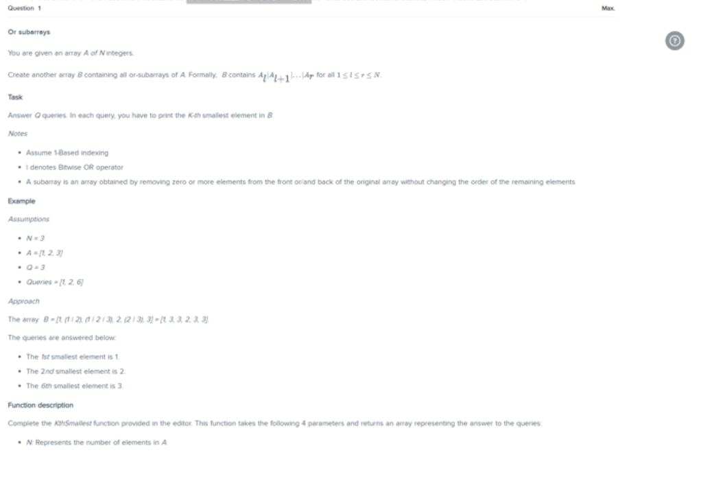 Solved Question 1 M Or subarray You are given an array A of | Chegg.com