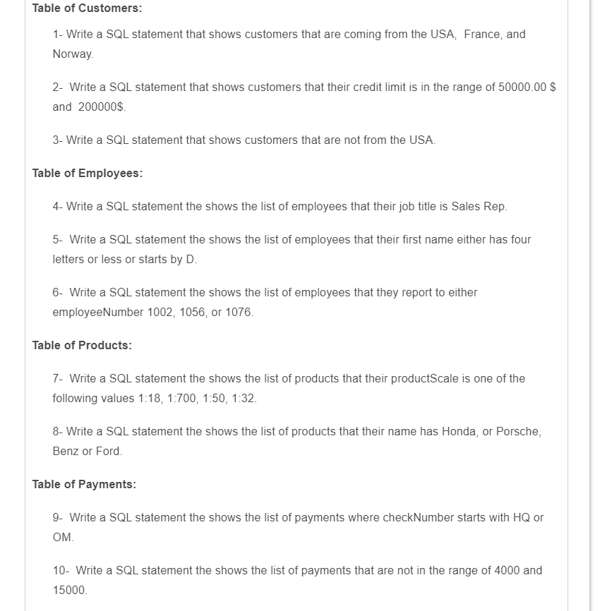 Solved Table of Customers: 1- Write a SQL statement that | Chegg.com