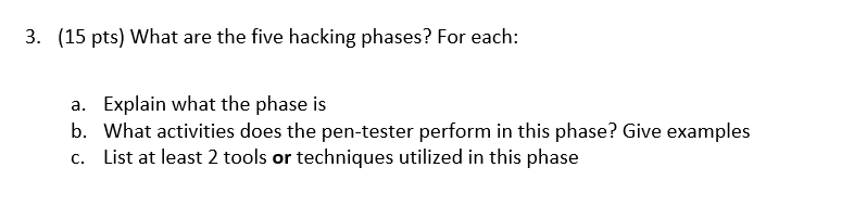 Solved 3. (15 pts) What are the five hacking phases? For | Chegg.com