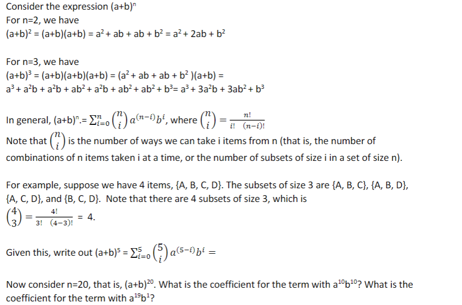 Solved Consider the expression (a+b) For n=2, we have (a+b)² | Chegg.com