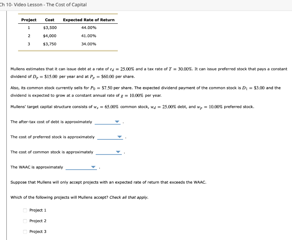 Solved Ch 10- Video Lesson - The Cost of Capital Mullens | Chegg.com