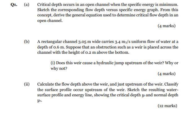 Solved Q1. (a) Critical depth occurs in an open channel when | Chegg.com