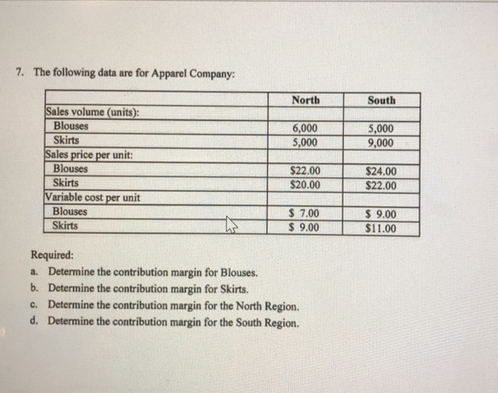 Solved 7. The following data are for Apparel Company: North | Chegg.com