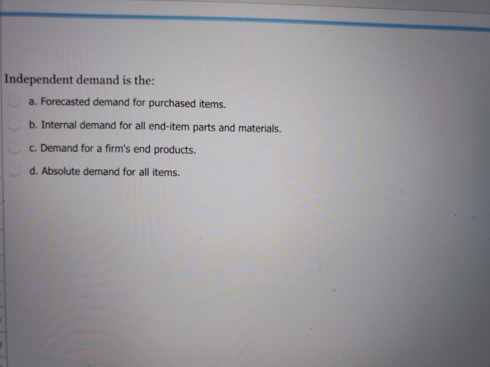 Solved Independent demand is the: a. Forecasted demand for | Chegg.com