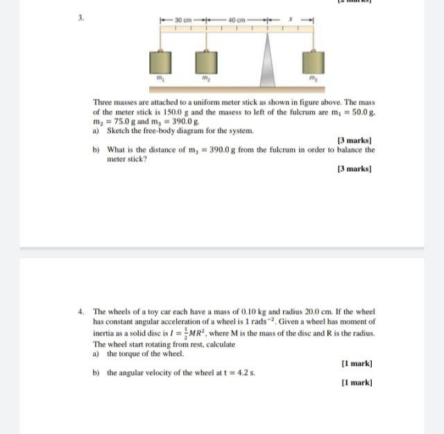 Solved 30 m 40 cm Three masses are attached to a uniform | Chegg.com