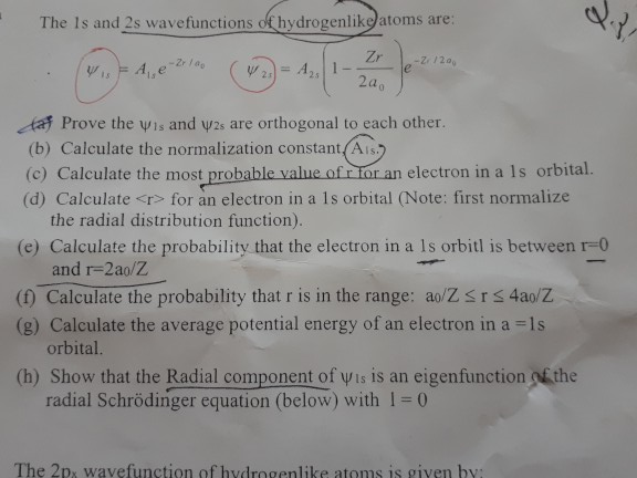 Solved The Is and 2s wavefunctions of hydrogenlike atoms are | Chegg.com