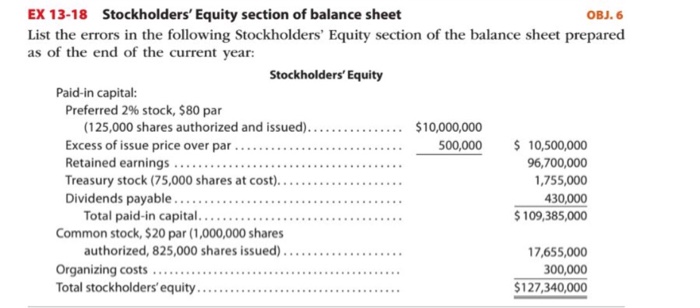 Solved EX 13-18 Stockholders' Equity section of balance | Chegg.com