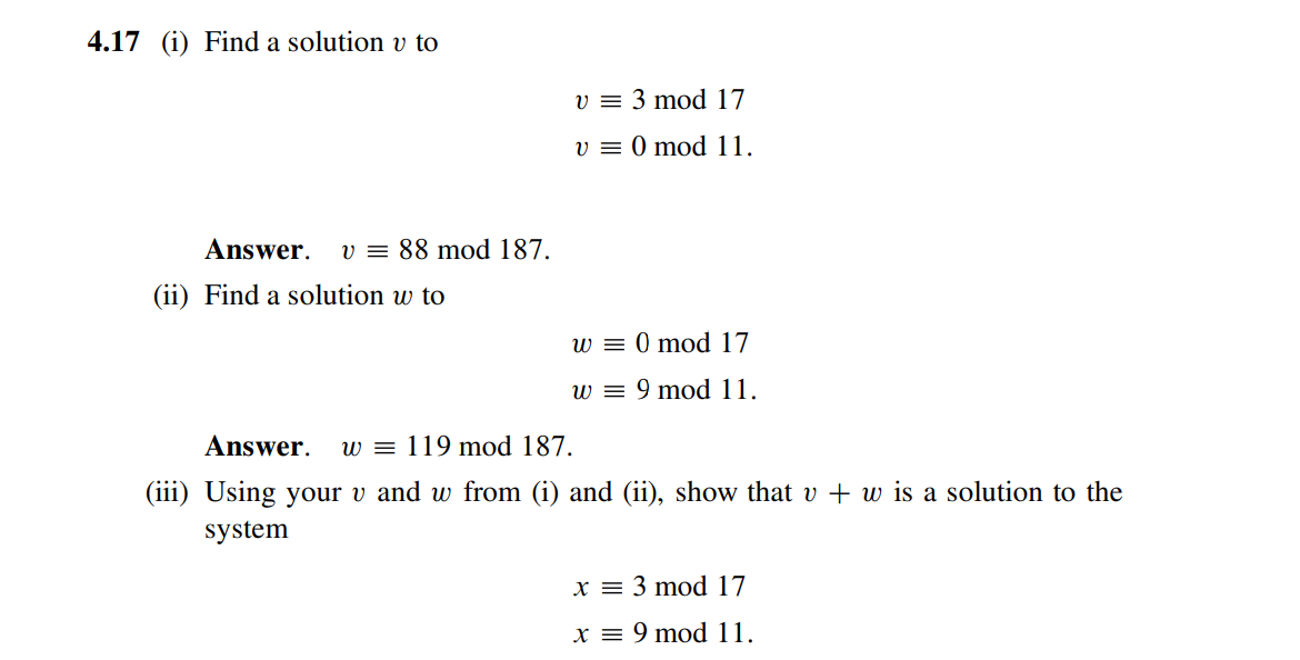 Solved 4.17 (i) Find a solution v to V = 3 mod 17 V = 0 mod | Chegg.com