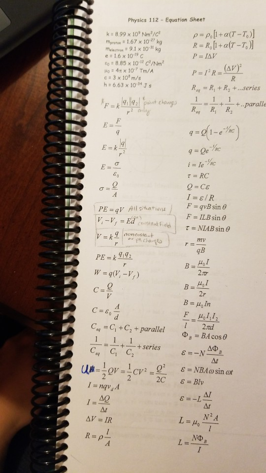 Solved Physics 112 Equation Sheet p=P.[I+a(T-T,)] | Chegg.com