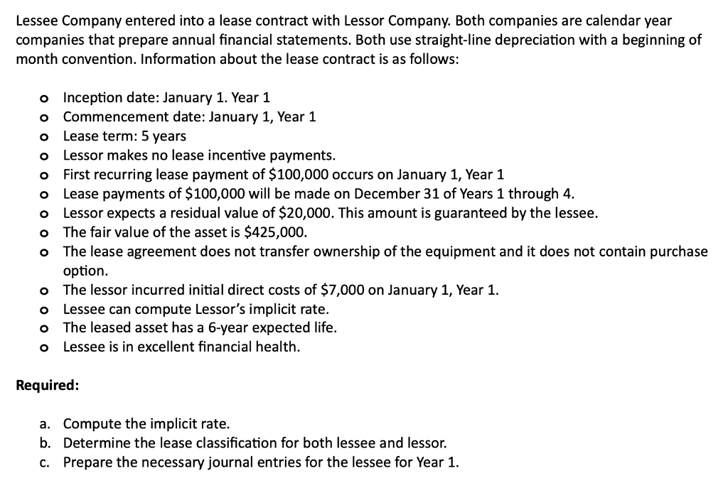 Solved Lessee Company entered into a lease contract with | Chegg.com