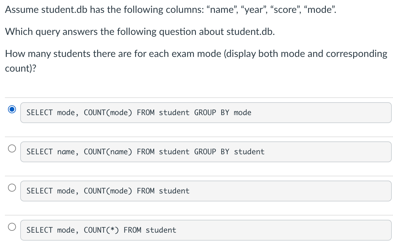 Solved Assume student.db has the following columns: “name”, | Chegg.com