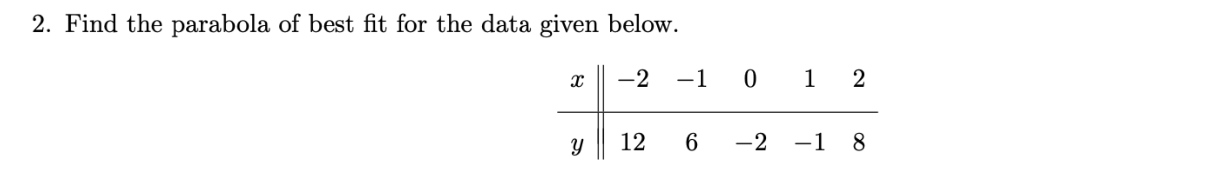 Solved 2. ﻿Find the parabola of best fit for the data given | Chegg.com