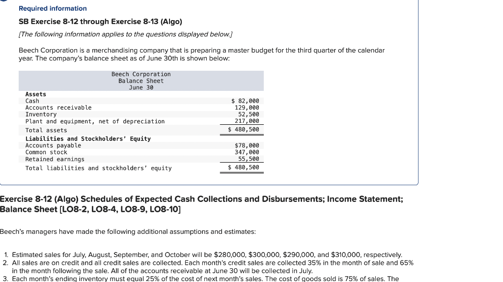 Solved Required information SB Exercise 8-12 through | Chegg.com