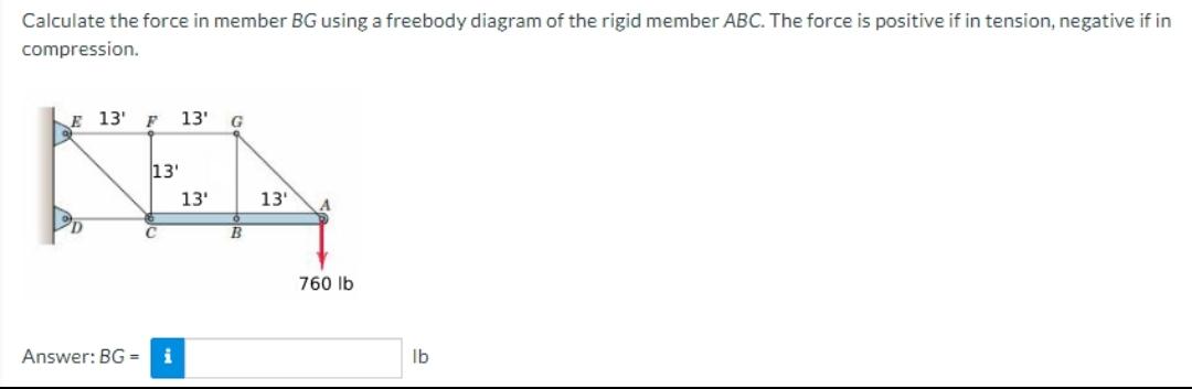 Solved Calculate the force in member BG using a freebody | Chegg.com
