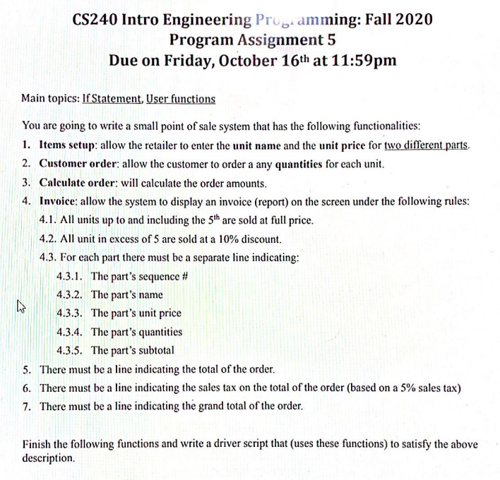 CS240 Intro Engineering Programming: Fall 2020 | Chegg.com
