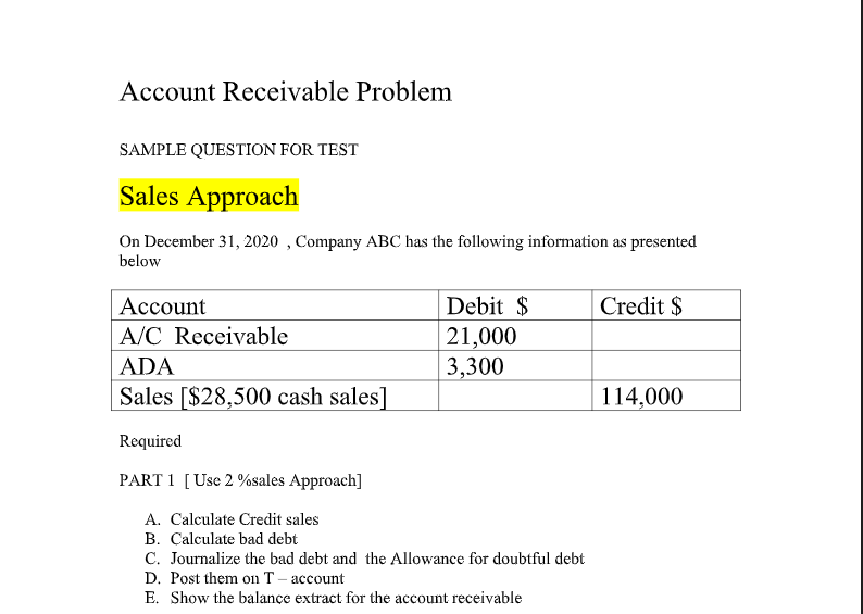 Solved Account Receivable Problem SAMPLE QUESTION FOR TEST | Chegg.com