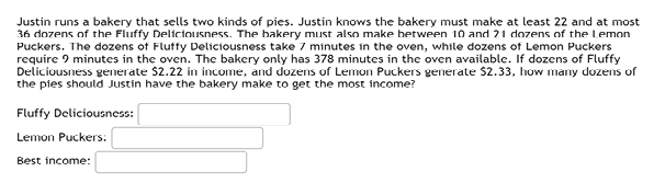 Solved Justin runs a bakery that sells two kinds of pies. | Chegg.com