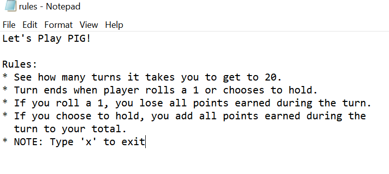 Solved Project 7-1: Pig Dice Rules ileand diplays on Console | Chegg.com