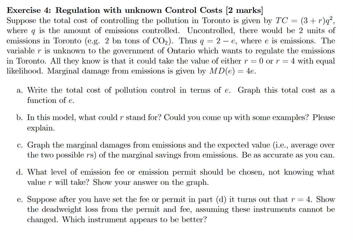Exercise 4: Regulation with unknown Control Costs [2 | Chegg.com