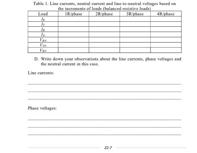 Solved Table 1. Line currents, neutral current and | Chegg.com