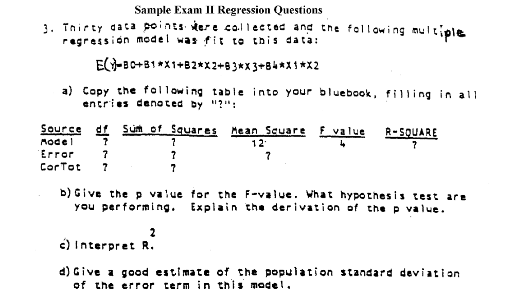 Solved Sample Exam II Regression Questions 3. Thirty data | Chegg.com
