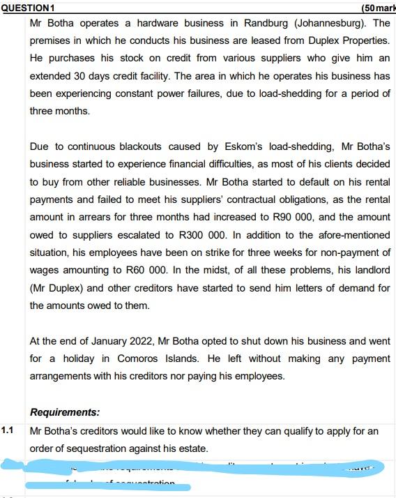 QUESTION 1 (50 mark Mr Botha operates a hardware | Chegg.com