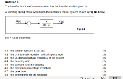 Solved Question 4 The transfer function of a servo system | Chegg.com