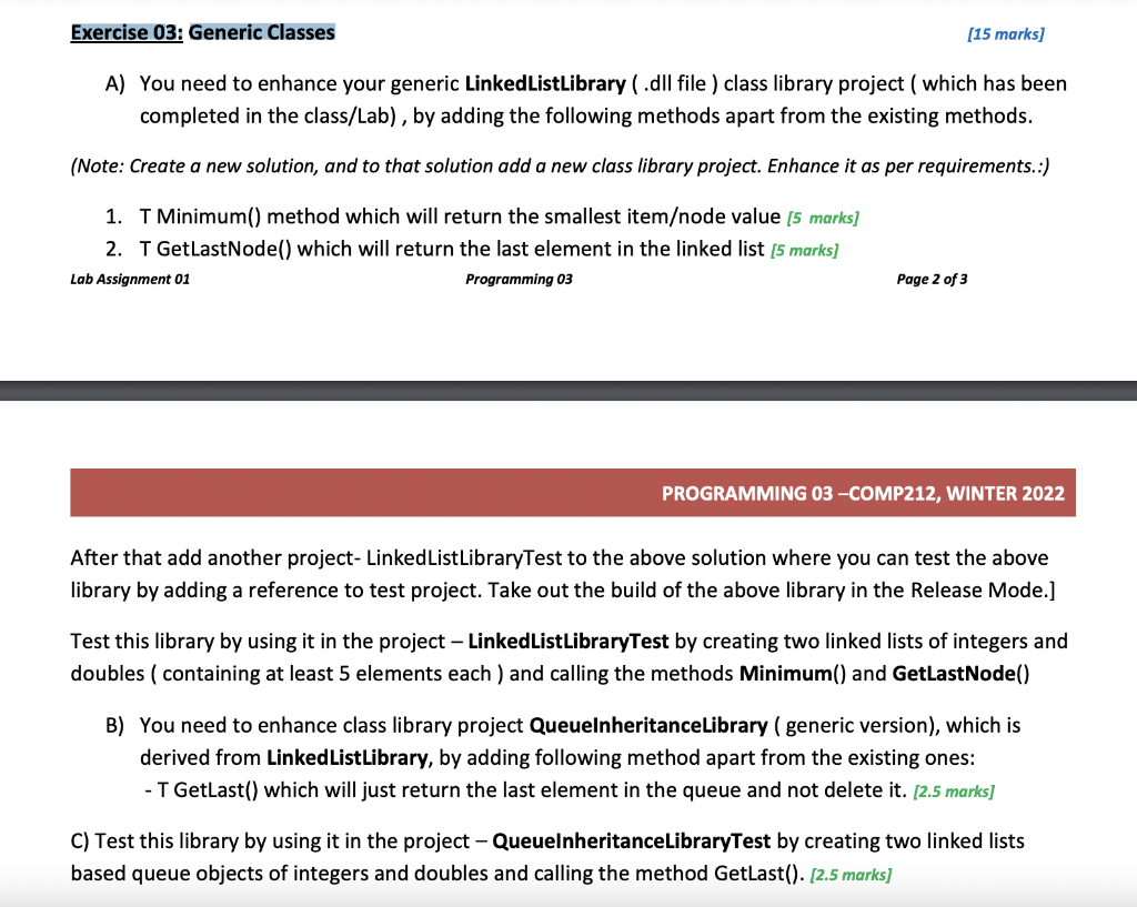 Solved Exercise 03: Generic Classes (15 marks] A) You need | Chegg.com
