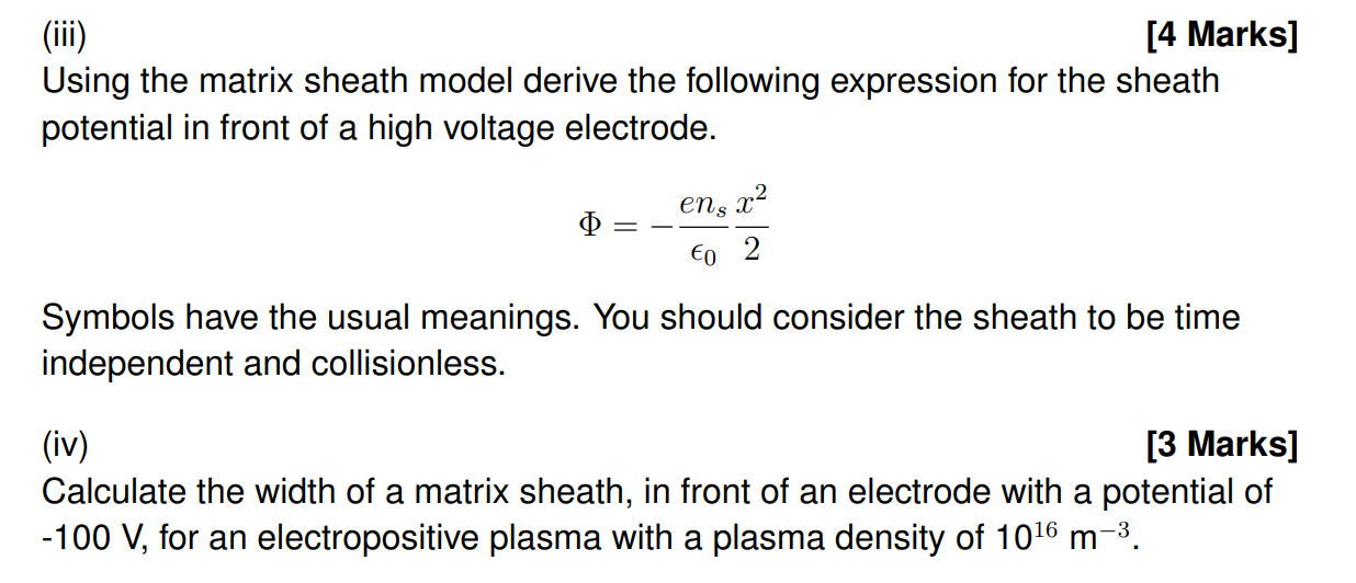 Solved (iii) [4 Marks] Using the matrix sheath model derive | Chegg.com