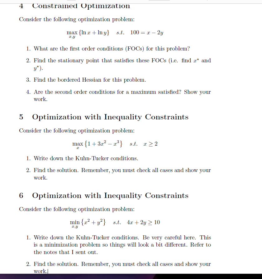 Solved 1 Unconstrained Optimization For The Following