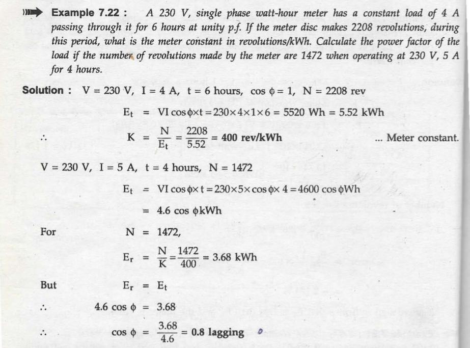 Solved Example 7.22 : A 230 V, single phase watt-hour meter | Chegg.com