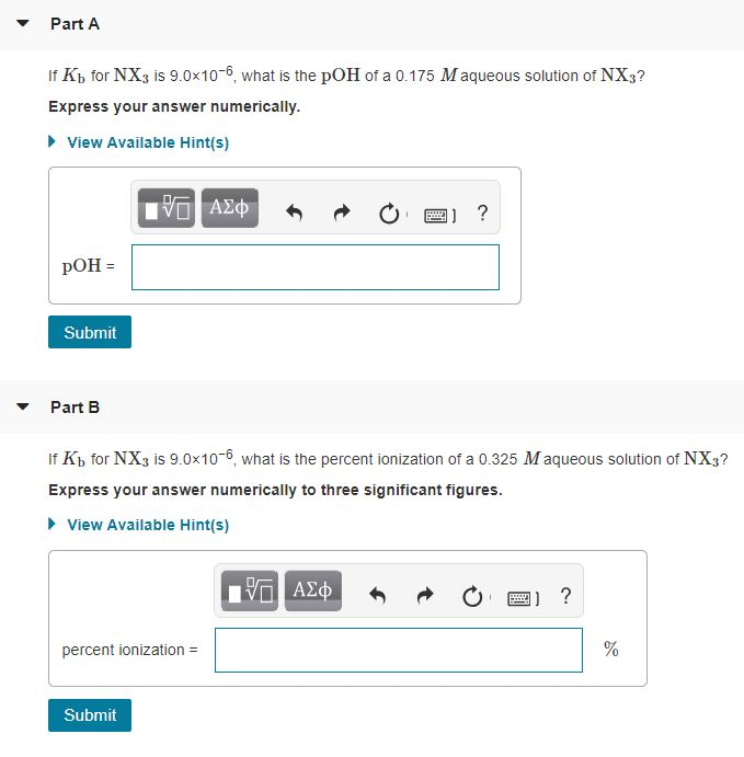 Solved Part A If Kb for NX3 is 9.0x10-6 what is the pOH of a | Chegg.com