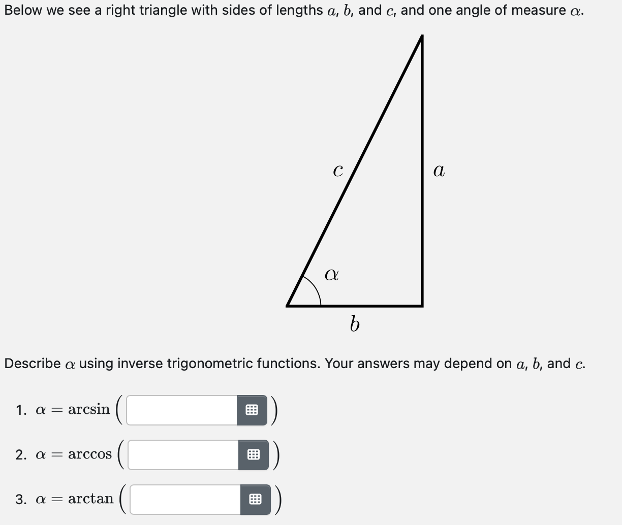 Solved Describe αusing ﻿inverse trigonometric functions. | Chegg.com