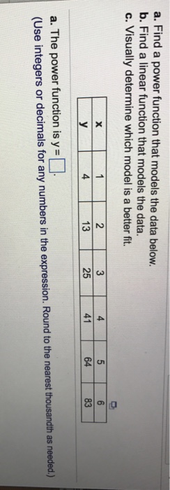 Solved a. Find a power function that models the data below. | Chegg.com