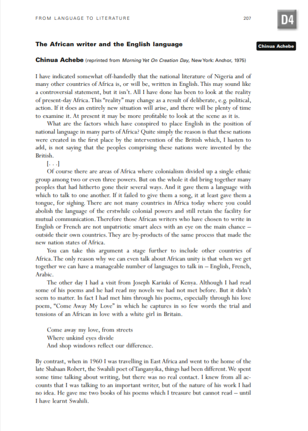 FROM LANGUAGE TO LITERATURE 207 D4 The African writer | Chegg.com