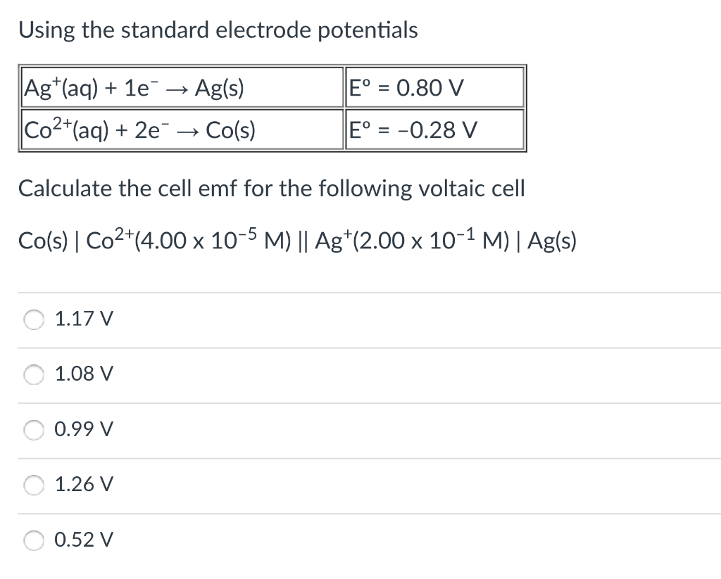 Solved Using the standard electrode potentials Ag+(aq) + | Chegg.com