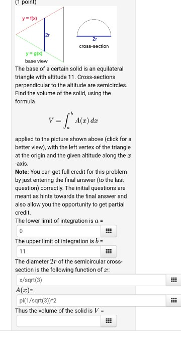 Solved (1 point) y = f(x) cross-section yax) base view The | Chegg.com